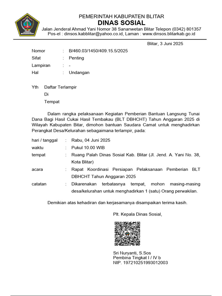 20250603080227dinsos-Surat Undangan Rakor DBHCHT 2025 - Desakelurahan | PDF