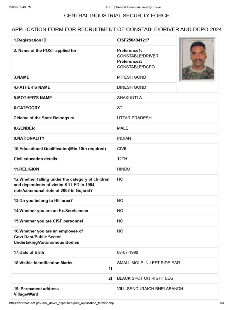 CISF - Central Industrial Security Force | PDF | Driver's License