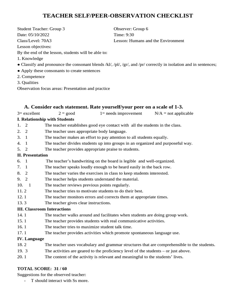 Teacher Observation Checklist Template | PDF | Teachers | Stress ...