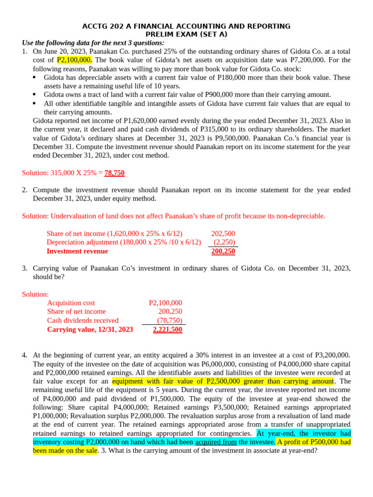 Acctg 202 A Prelim Exam 2025 As 1 With Solutions | PDF | Depreciation ...