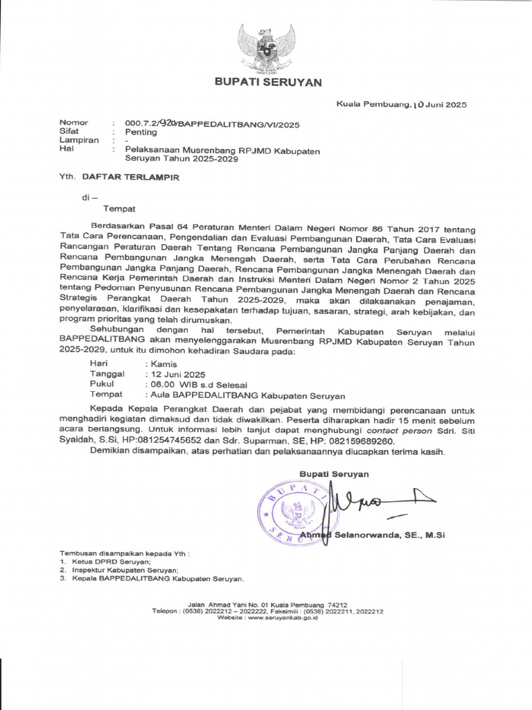 Undangan Musrenbang RPJMD Kab Seruyan Tahun 2025-2029 | PDF