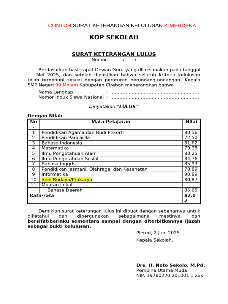 Surat Keterangan Lulus K-Merdeka | PDF