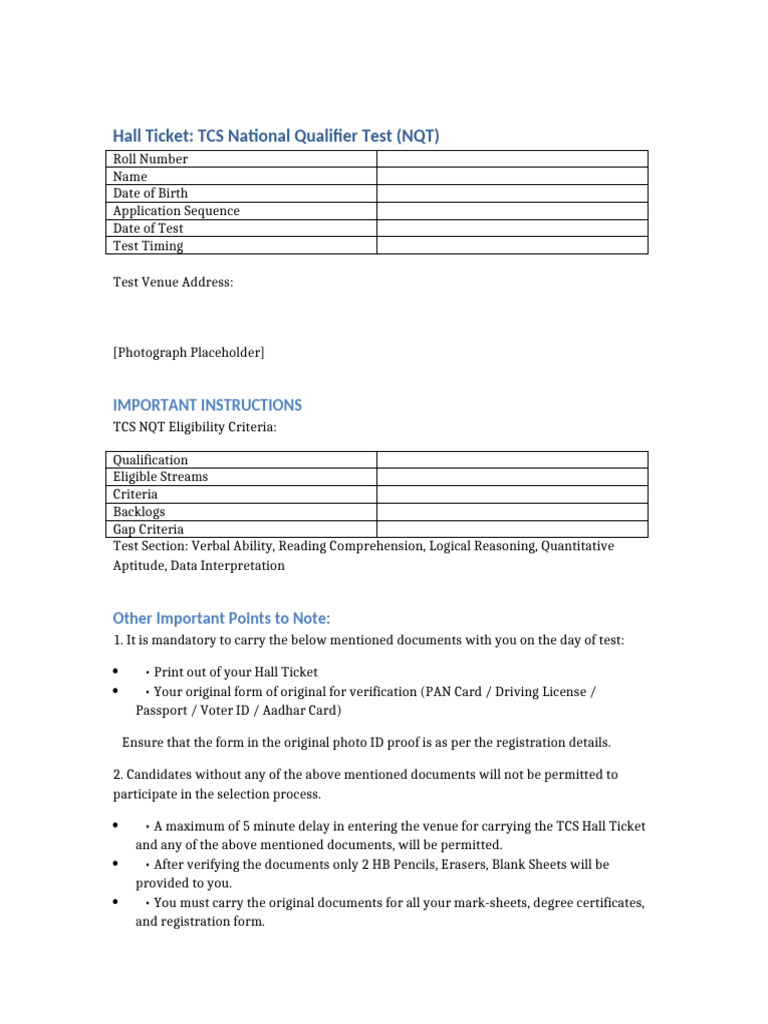 TCS NQT Hall Ticket Instructions | PDF