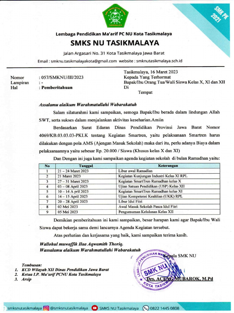 Surat Pemberitahuan Kegiatan Ramadhan 1444 H | PDF