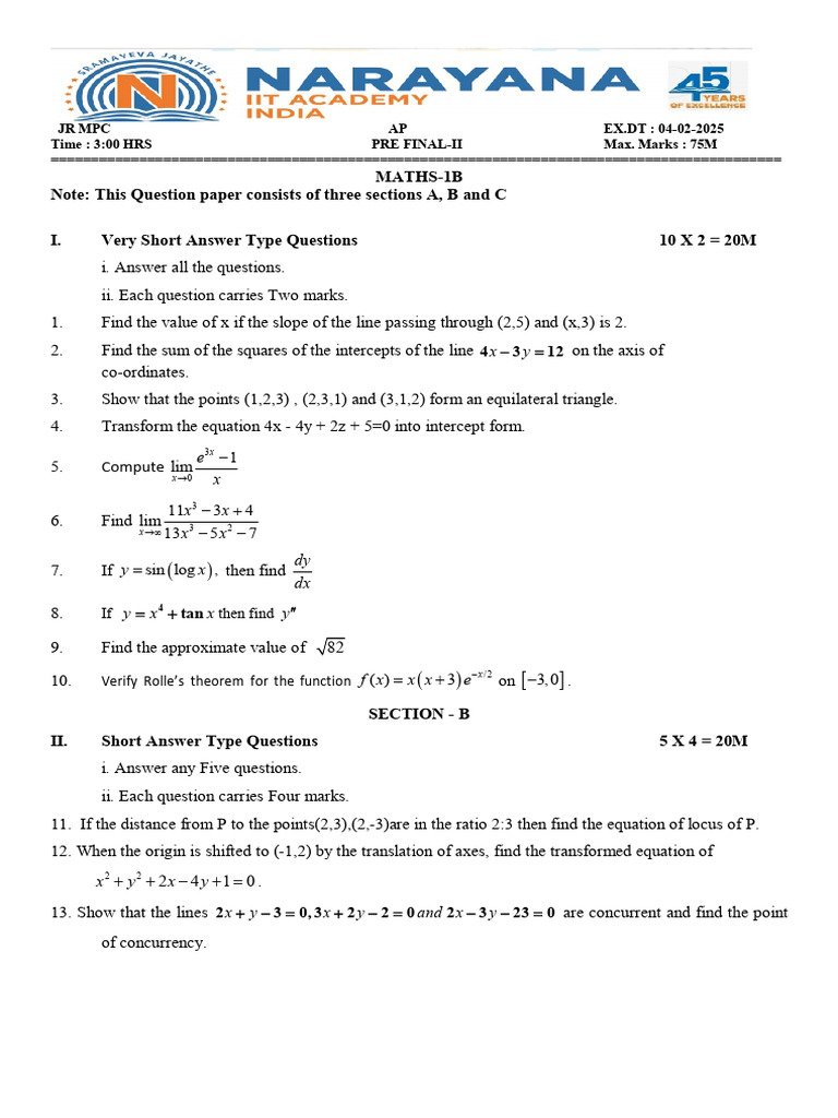 JR MPC Pre-final-II Maths-Ib QP Ex Date-On-04!02!2025 | PDF | Acceleration | Euclidean Geometry