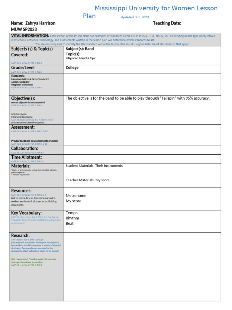 Mississippi Band Lesson Plan Overview | PDF | Lesson Plan | Teachers
