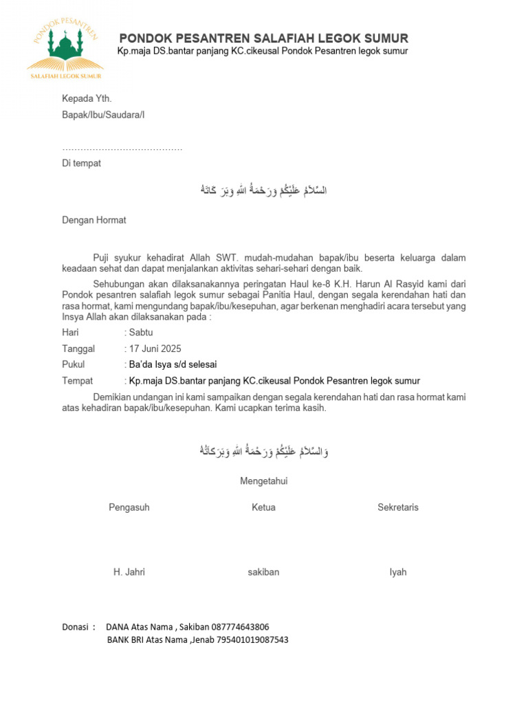 Undangan Haul K.H. Harun Al Rasyid | PDF