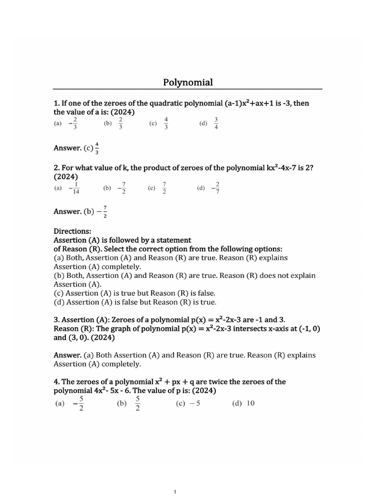 Polynomial Class 10 Super Questions | PDF
