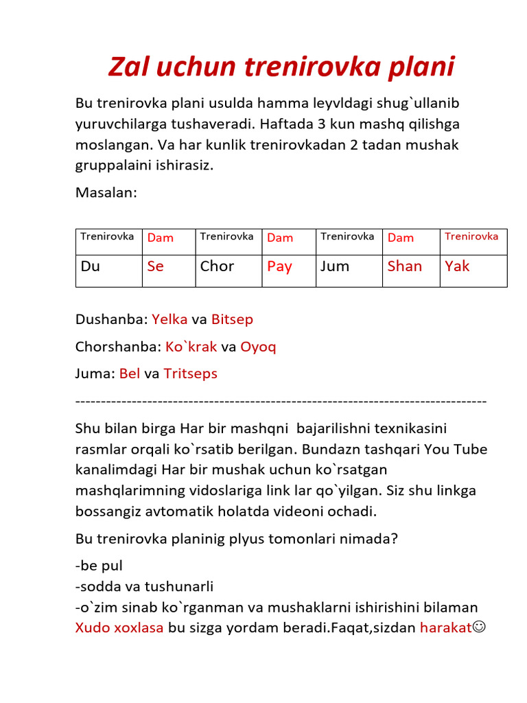 Zal Uchun Trenirovka Plani | PDF