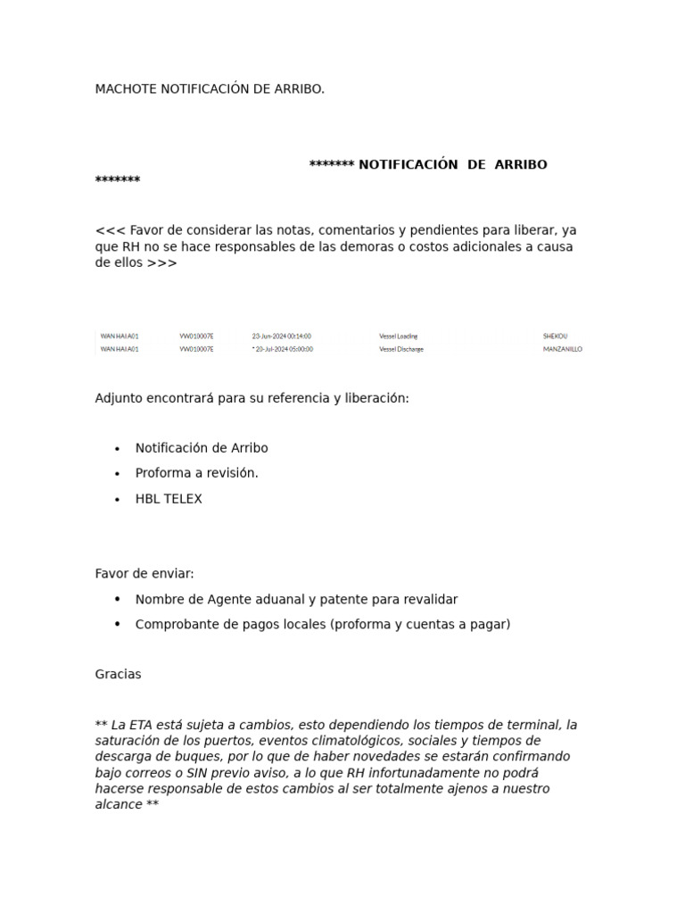 Machote Notificación de Arribo | PDF