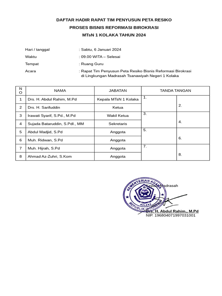Daftar Hadir Rapat | PDF