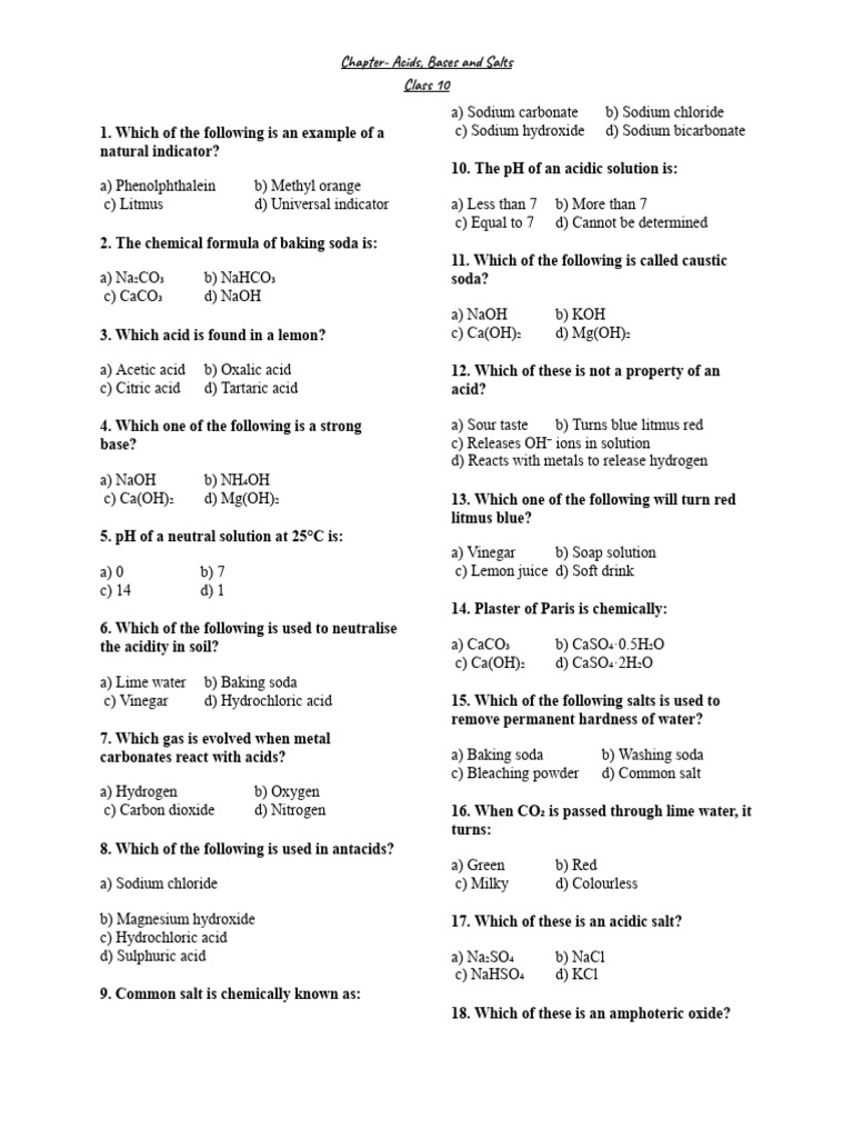 Acids Bases Salts Class10 MCQ 80 Questions | PDF | Hydroxide | Acid