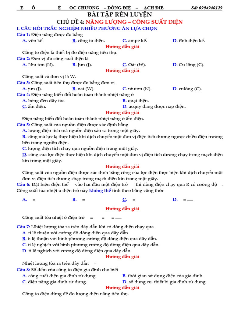 4.BTVN+ĐÁP ÁN - Chu de 4 NANG LUONG - CONG SUAT DIEN | PDF