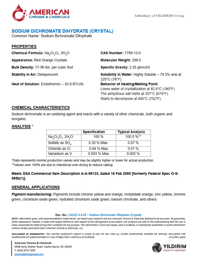 CASQT-4.4.03 Sodium-Dichromate Crystal TDS 4-2023 | PDF | Chromium ...