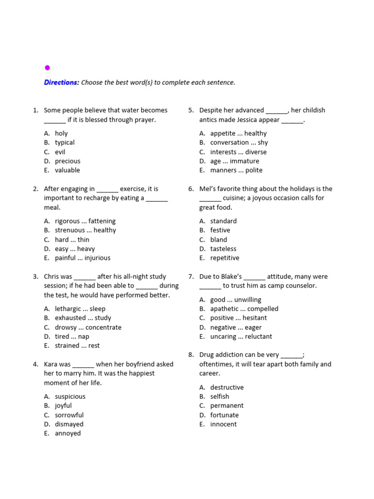 Sentence Completion Practice Test | PDF