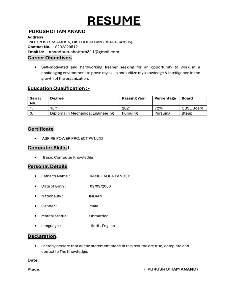 Resume Purushottam Anand | PDF