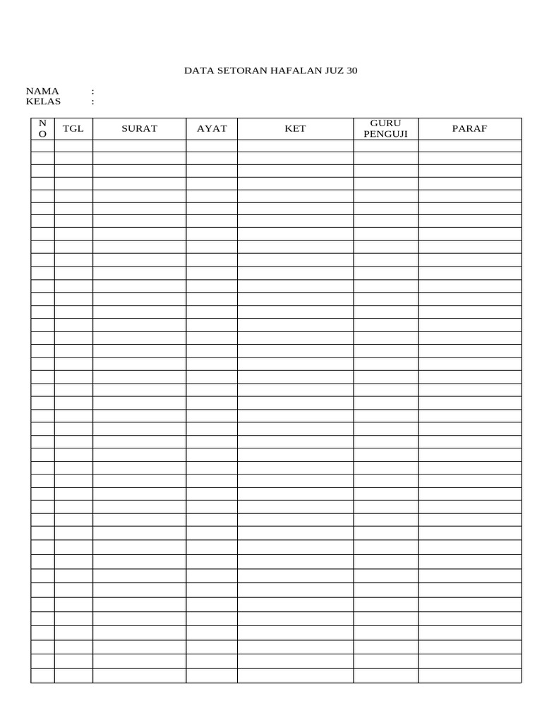 Data Setoran Hafalan Juz 30 | PDF