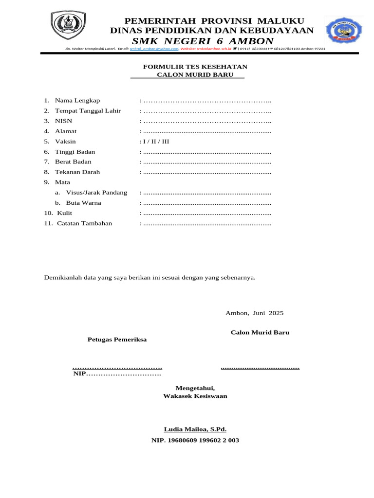 Formulir Kesehatan Calon Murid 2025 | PDF