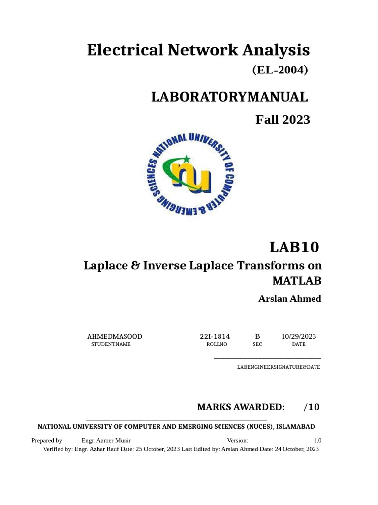 Electrical Network Analysis: Laboratorymanual | PDF | Laplace Transform | Matrix (Mathematics)