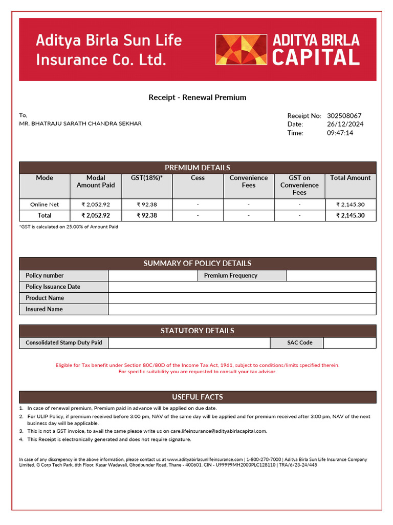 Premium Receipts 009617755 - 01 04 2025 26 05 2025 | PDF | Taxation ...