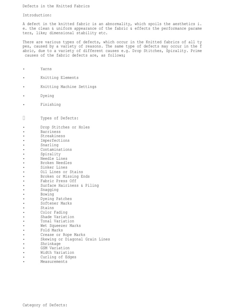 Defects in The Knitted Fabrics | PDF | Knitting | Yarn