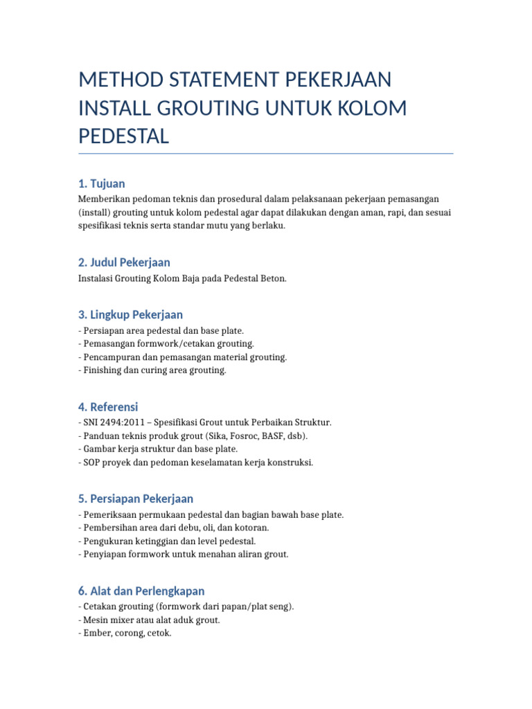Method Statement Install Grouting Kolom Pedestal | PDF
