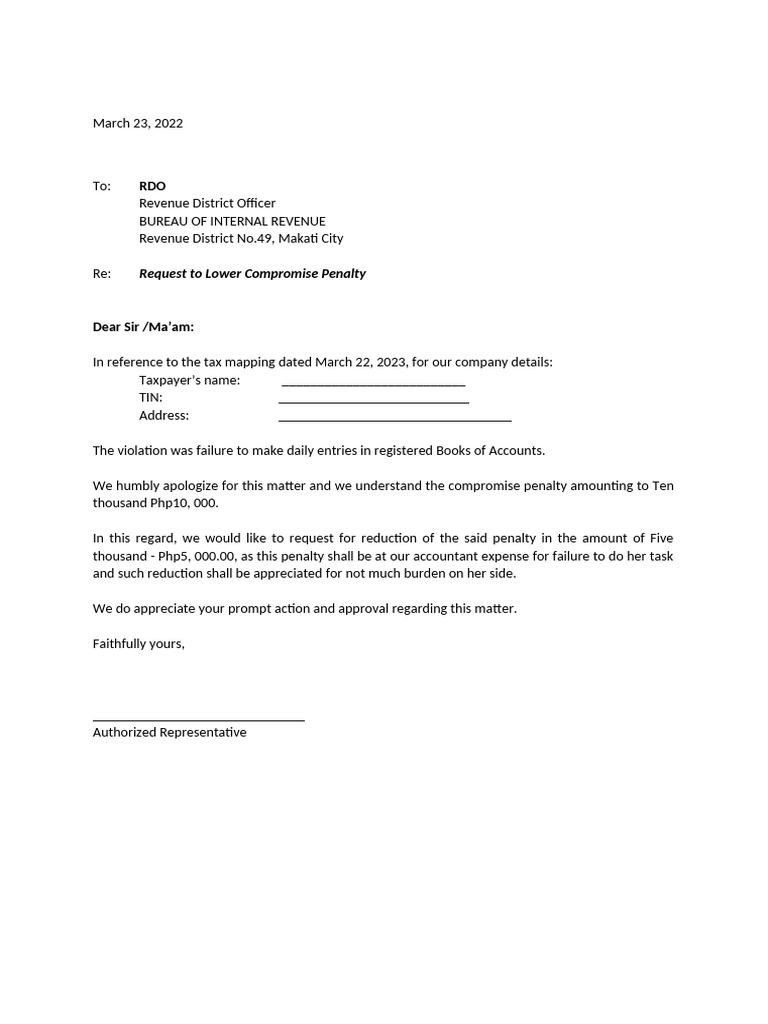 BIR Request Letter For Penalty Reduction | PDF