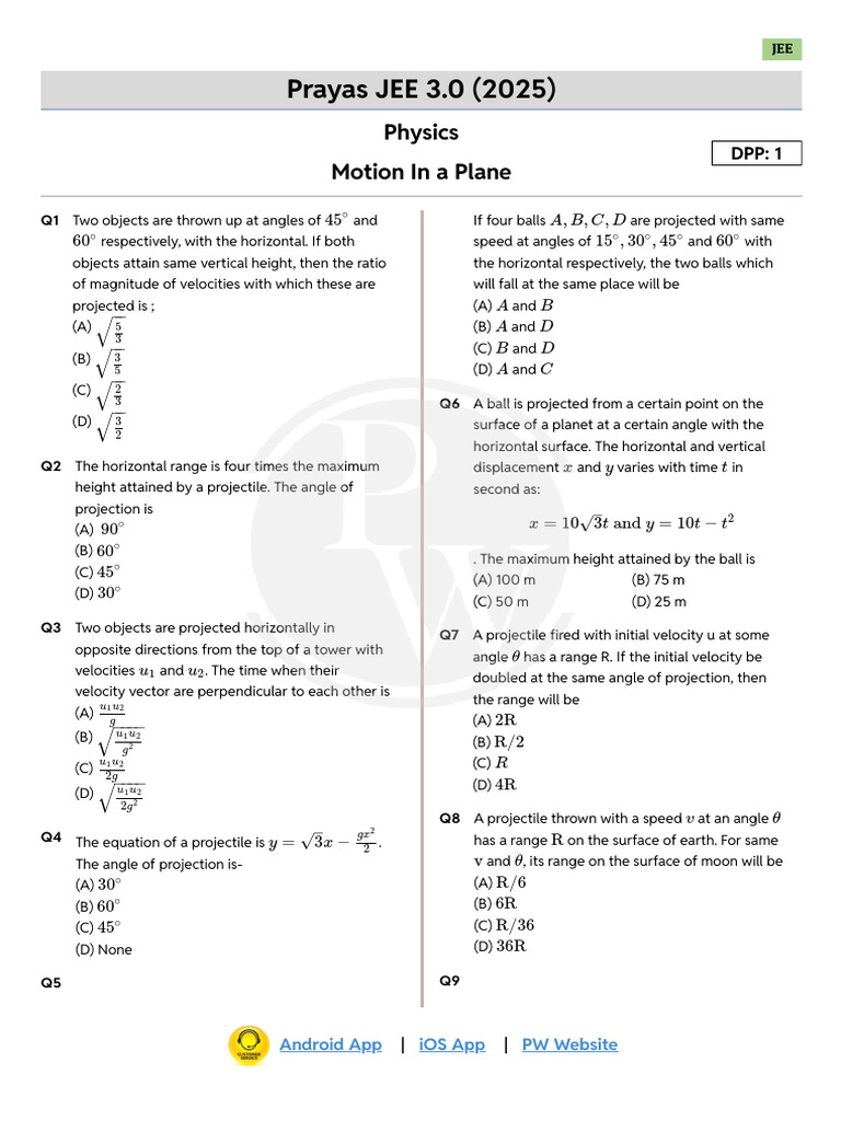 Motion in A Plane - DPP 01 (Of Lec 02) - Prayas JEE 3.0 2025 | PDF | Projectiles | Motion (Physics)
