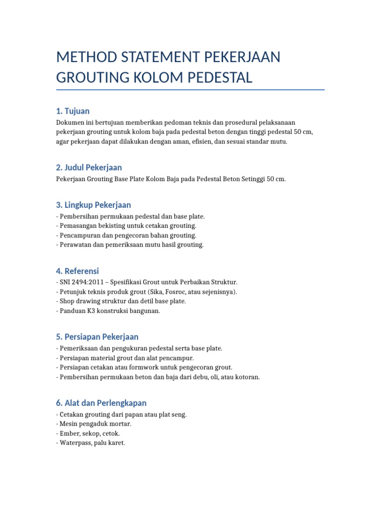 Method Statement Pekerjaan Grouting Kolom Pedestal | PDF