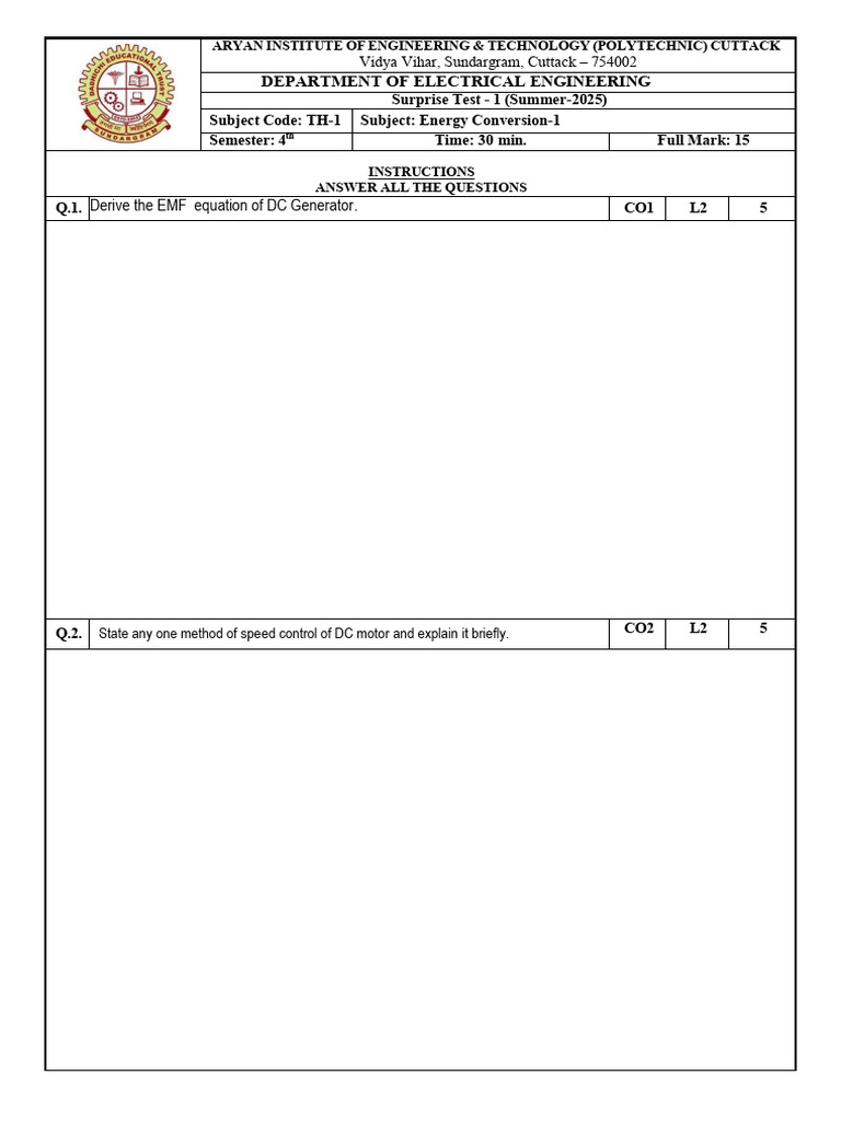 SURPRISE TEST 1 Energy Conversion-1 | PDF