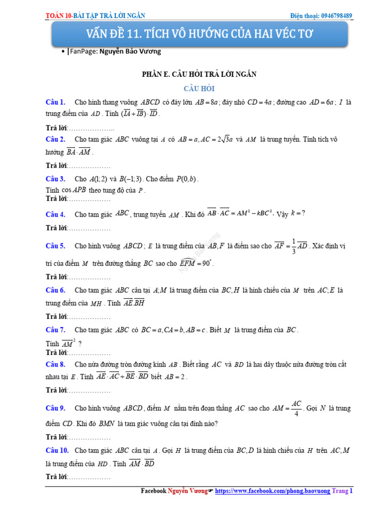 Vấn Đề 11. Tích Vô Hướng Của Hai Vecto - Trả Lời Ngắn | PDF