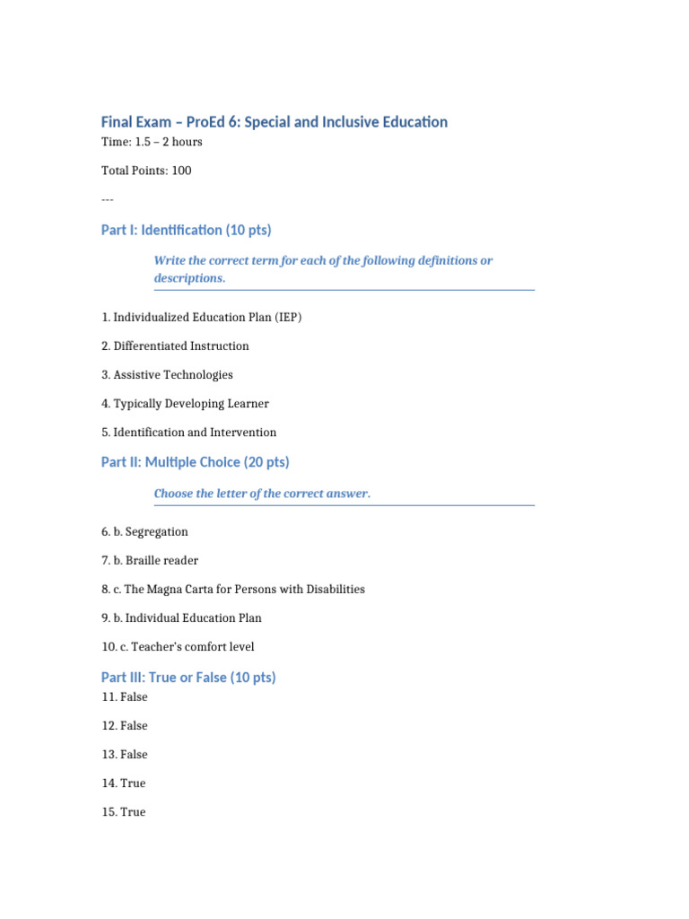 ProEd6 Final Exam With Answer Key | PDF | Inclusion (Education ...