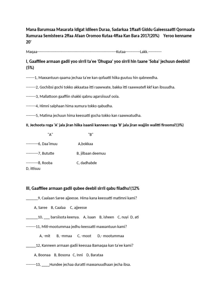 Qormaata Xumuraa Kutaa 4ffaa | PDF