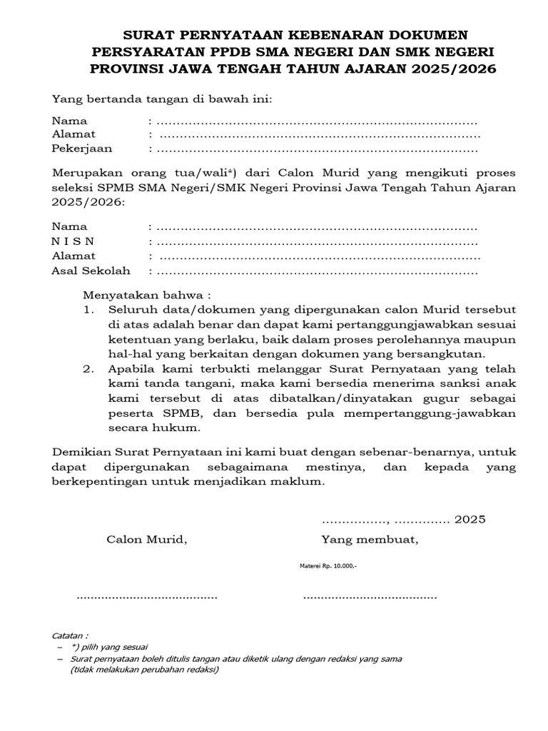 Surat Pernyataan Kebenaran Dokumen SPMB | PDF