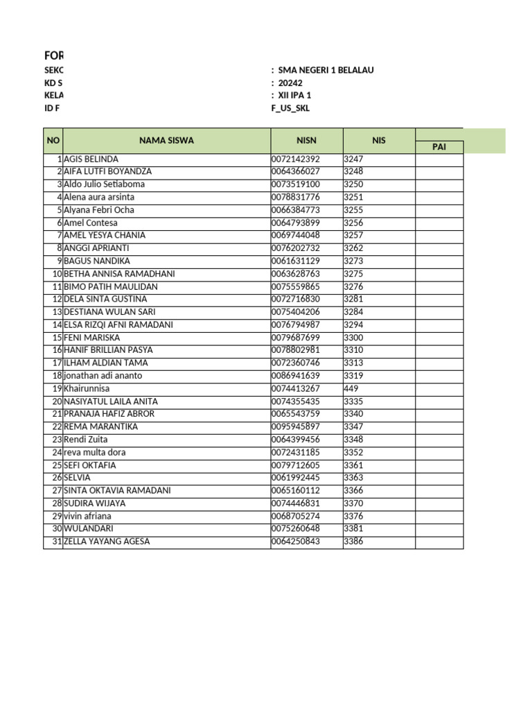 Format Nilai Us Xii Ipa 1 20242 | PDF