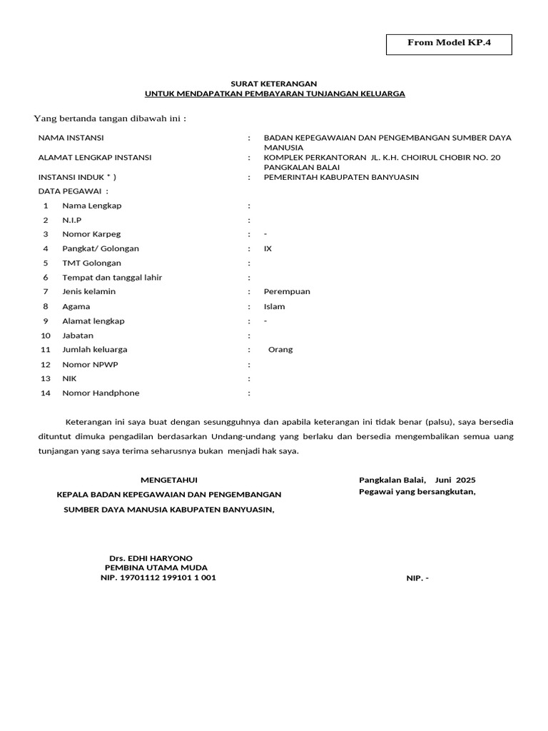 Form KP4 BKPSDM Halaman Depan Form 2025 CPNS P3K | PDF