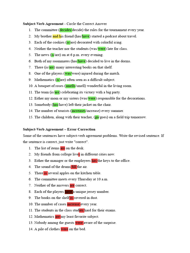 S-V Agreement Practices Jawaban | PDF | Grammatical Number | Subject ...