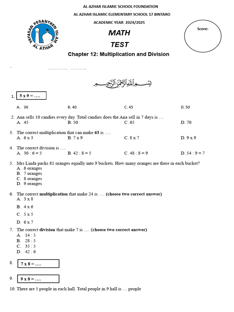 Test (CH 12 Multiplication Division) CH 13 Fraction | PDF