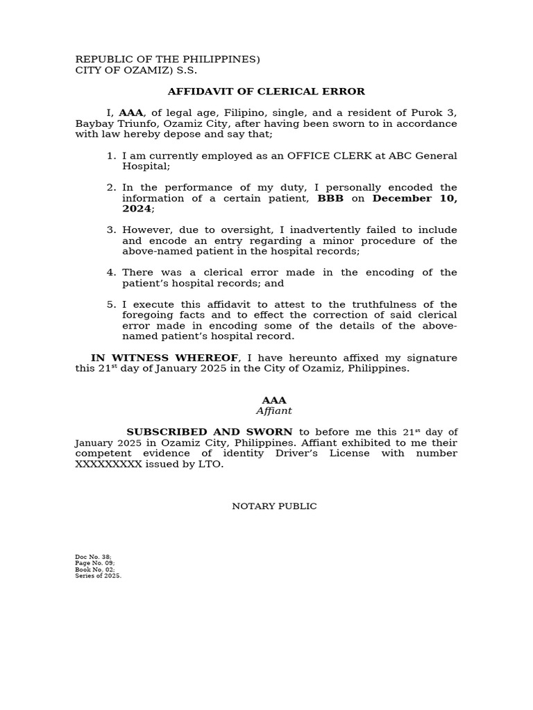 Affidavit of Clerical Error (Hospital Office Clerk) | PDF