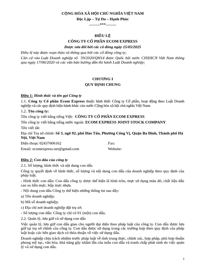 5. Điều lệ cty ECOM | PDF