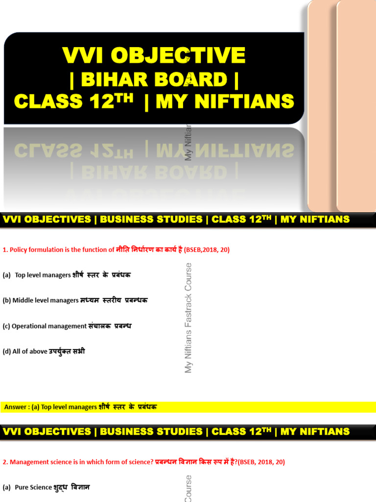 Business Studies Class 12th, Fastrack Objectives Series Day 3, Bihar ...