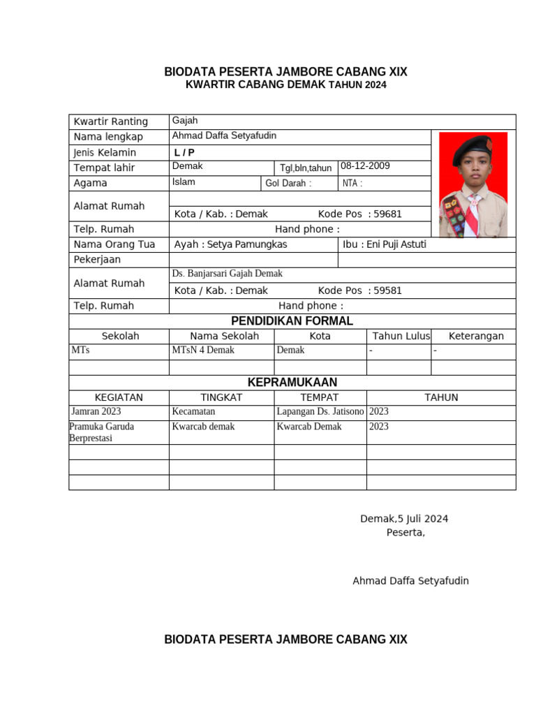 Biodata Peserta Jambore Cabang 2024 | PDF