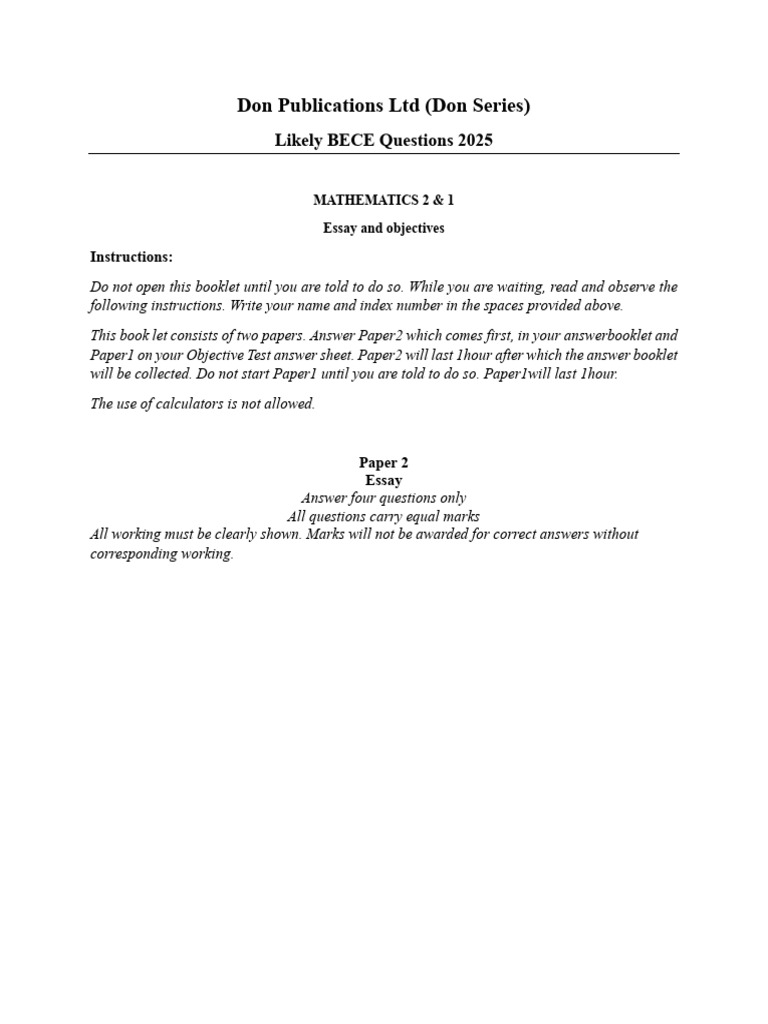 BECE 2025 Mathematics Exam Guide | PDF | Area | Triangle