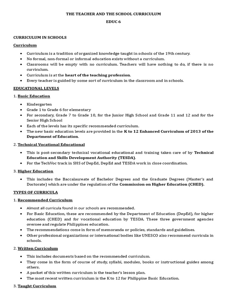 The Teacher and The School Curriculum (Educ 6) | PDF | Curriculum | Learning