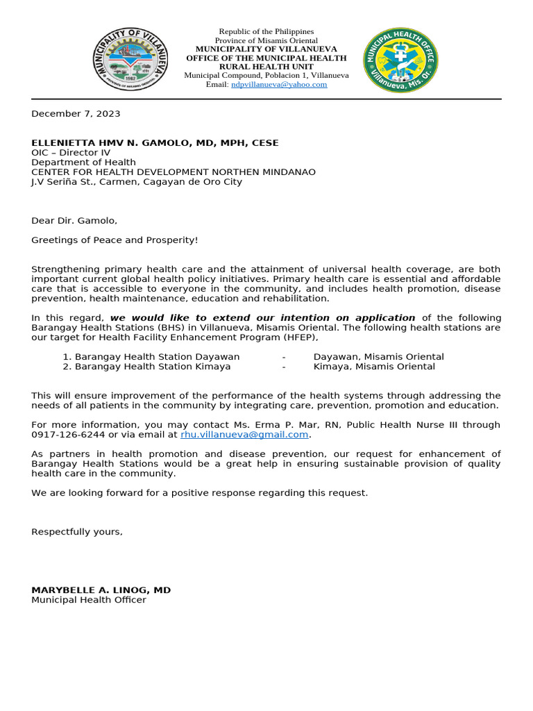 Health Facility Enhancement Request Villanueva | PDF
