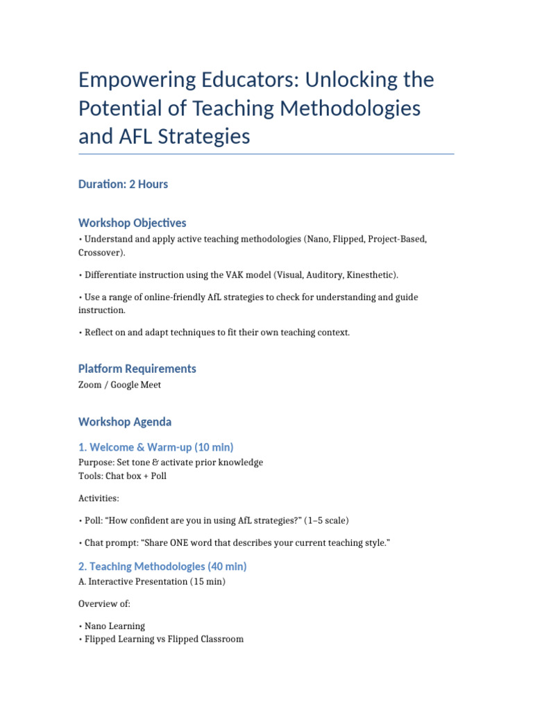 Online Workshop Teaching AfL Strategies | PDF