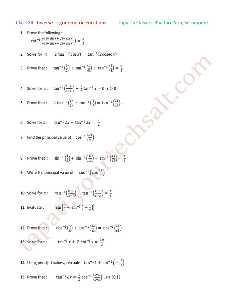 Mathematics Class 12 ISC Model Questions of Inverse Trigonometric ...