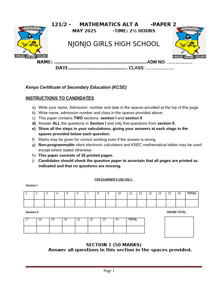 KCSE Mathematics Paper 2 May 2025 | PDF | Circle | Trigonometric Functions