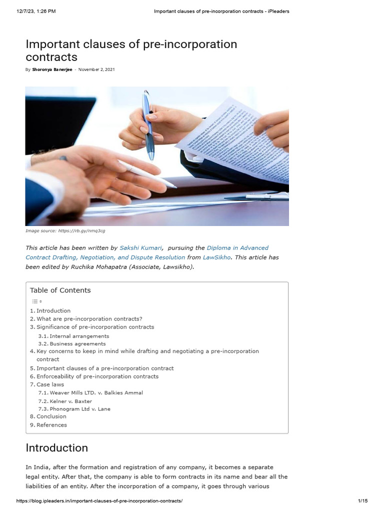 Important Clauses of Pre-Incorporation Contracts - IPleaders | PDF | Companies | Legal Liability