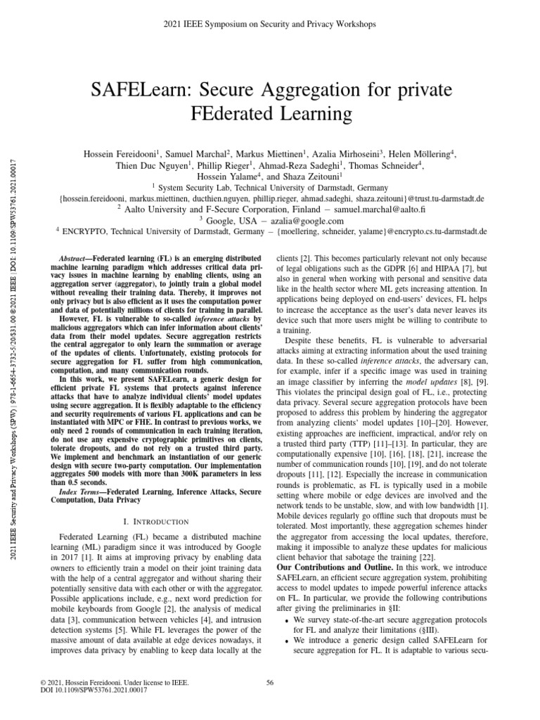 SAFELearn Secure Aggregation For Private FEderated Learning | PDF | Computer Science | Computing
